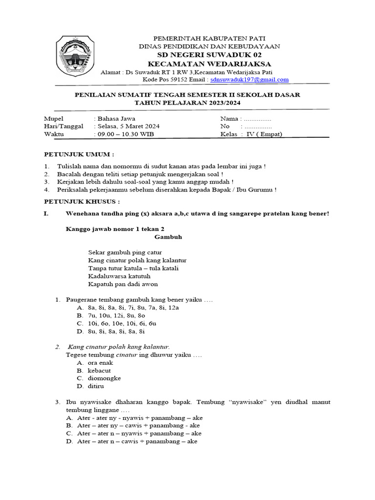 SOAL PTS Dan ANALISIS Bhs Jawa Kls 4 s2 BR FIX | PDF