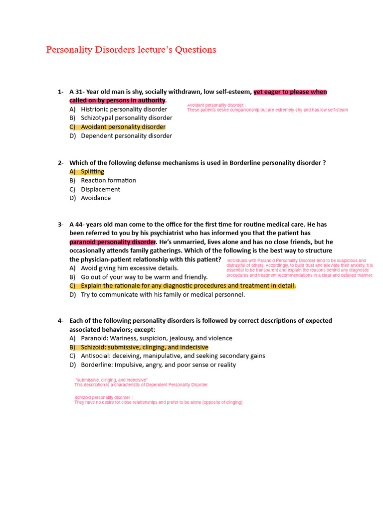 Personality Disorders Lecture's Questions Copy 3 | PDF | Personality ...