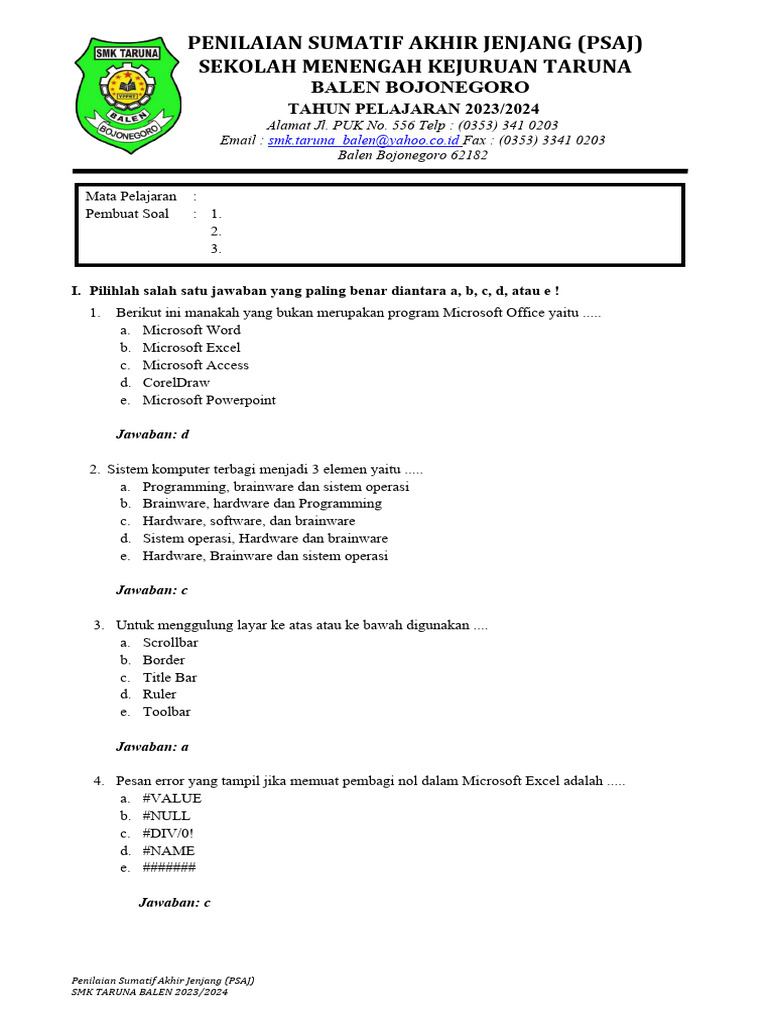 Format Soal Psaj SMK 2024 Informatika 2 | PDF