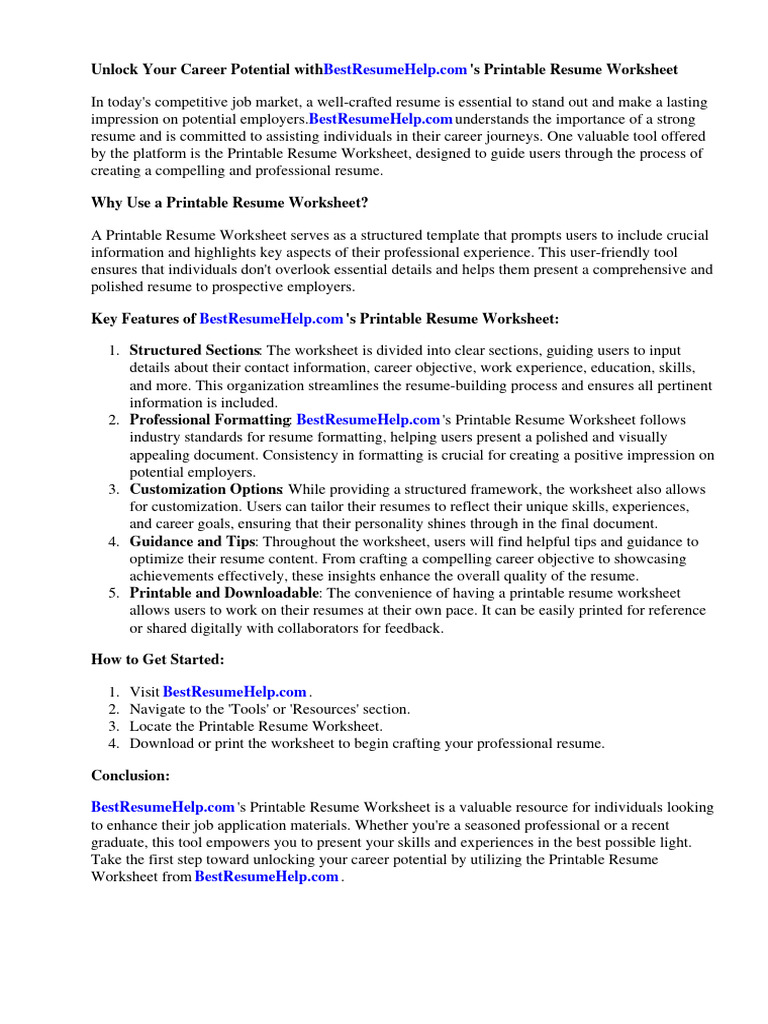 Printable Resume Worksheet | PDF