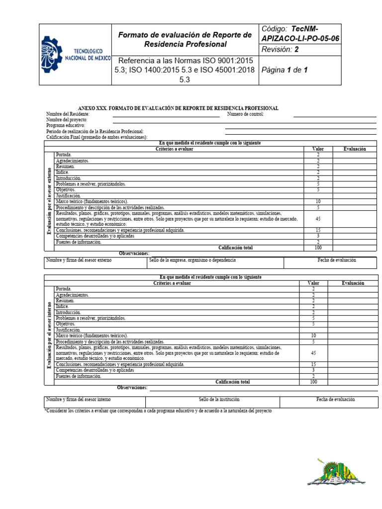 TecNM APIZACO LI PO 05 06 Formato Evaluacion Reporte Final Anexo XXX | PDF | Evaluación ...