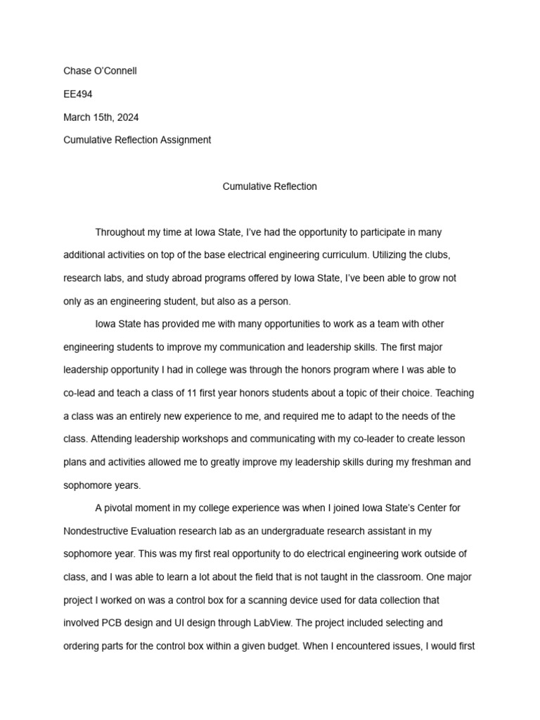 Ee494 Cumulative Reflection | PDF | Robotics | Engineering