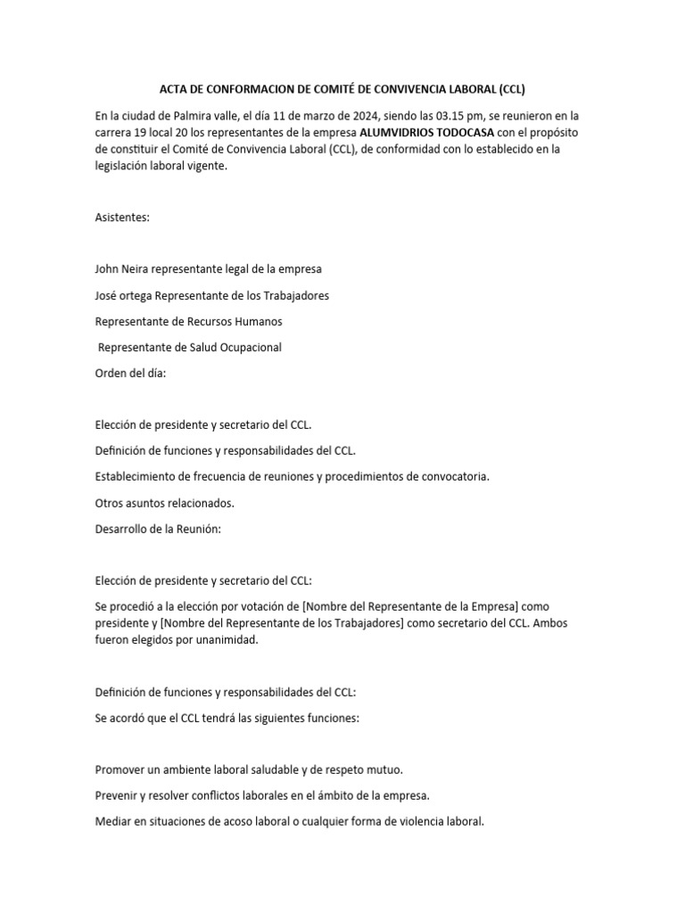 Acta de Conformacion de Comité de Convivencia Laboral | PDF | Finanzas y dinero