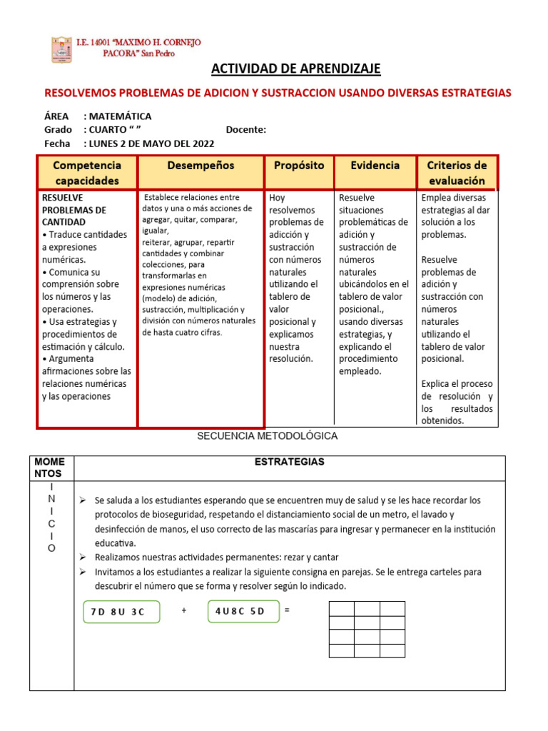 Sesion Matematica Usamos Estrategia Suma y Resta | PDF | Sustracción | Evaluación