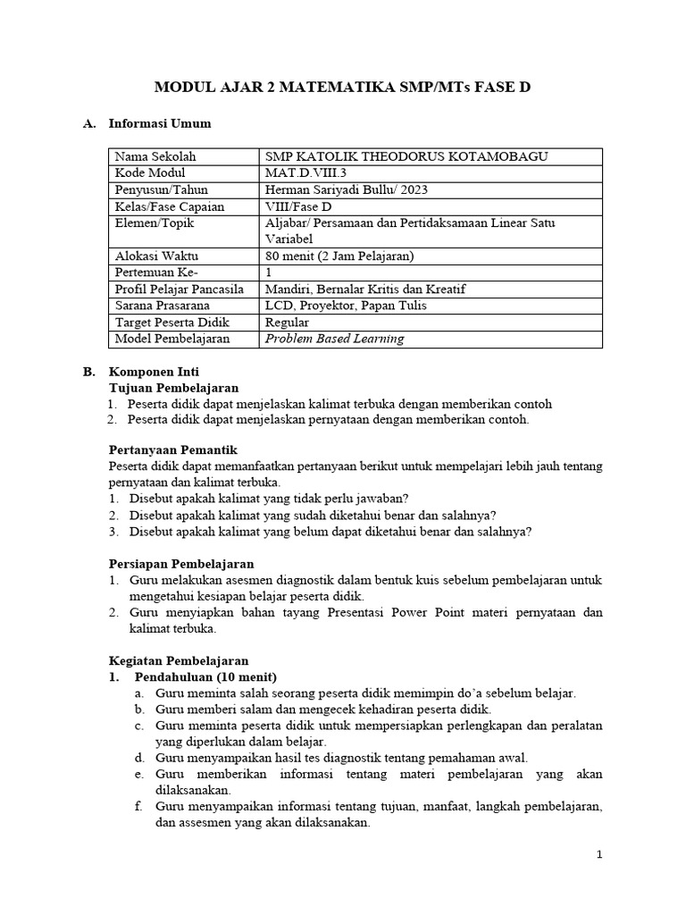 MATEMATIKA SMP - MTS JL.2A - KM-MA (Modul Ajar) - Modul Ajar Matematika SMP - PERSAMAAN DAN ...