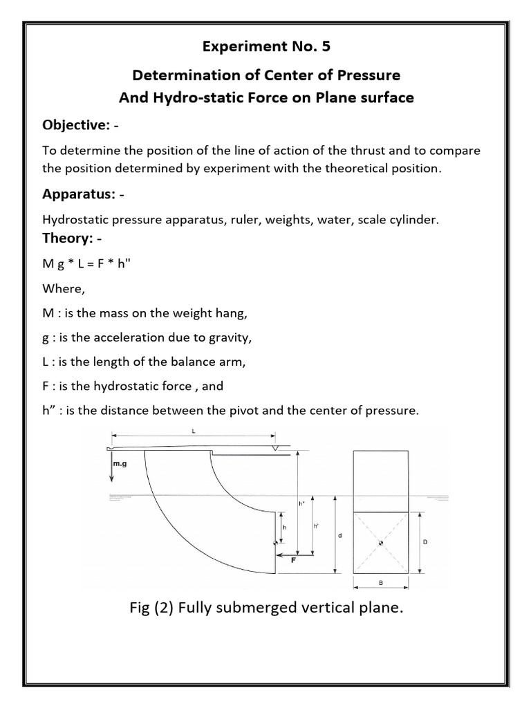 Experiment No. 5 Determination of Center of Pressure and Hydro-Static Force On Plane Surface ...