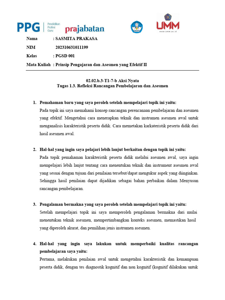 02.02.b.3-T1-7-b Aksi Nyata - Tugas 1.3. Refleksi Rancangan Pembelajaran Dan Asesmen - PPA II ...
