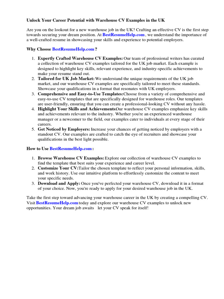 Warehouse CV Examples Uk | PDF | Résumé | Warehouse