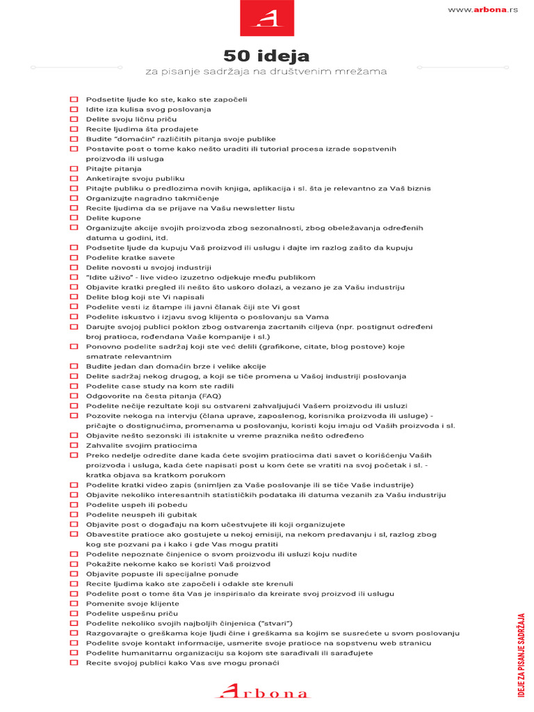 50 Ideja Za Pisanje Sadrzaja RS | PDF