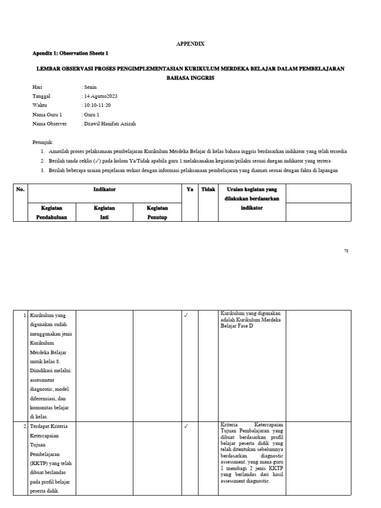 RUBRIK OBSERVASI KELAS APPENDIX | PDF