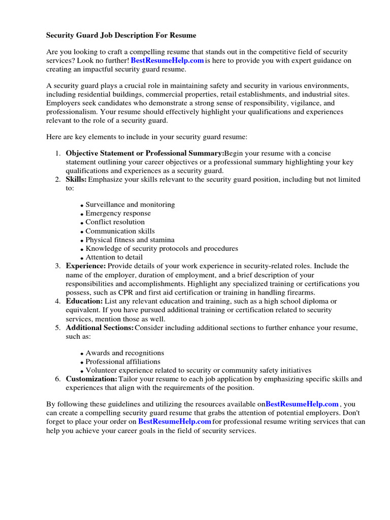 Security Guard Job Description For Resume | PDF | Résumé | Security Guard