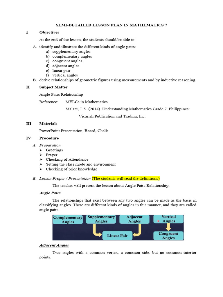 Angle Pairs Lesson Plan Math 7 | PDF | Angle | Classical Geometry
