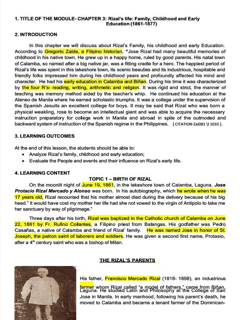 PDF Title of The Module Chapter 3 Rizalx27s Life Family Childhood and Early Education 1861 1877 ...