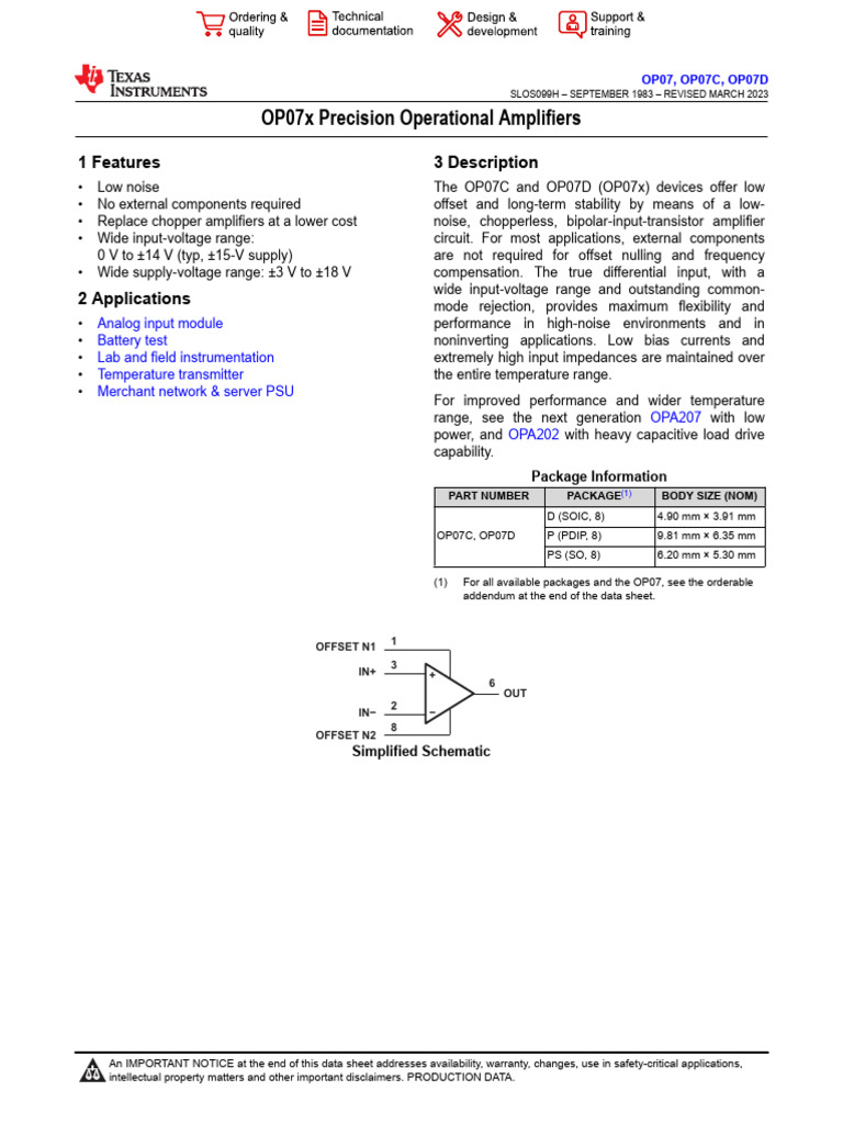 OP07x Precision Operational Amplifiers: 1 Features 3 Description ...