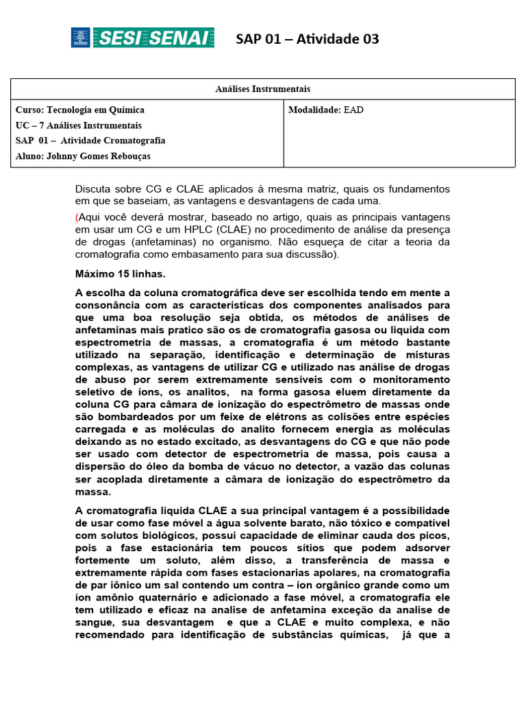 Analises Instrumentais SAP 1 at 3 JOHNNY Gomes | PDF