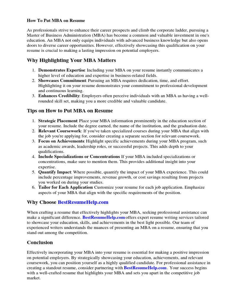 How To Put Mba On Resume Pdf Résumé Master Of Business Administration