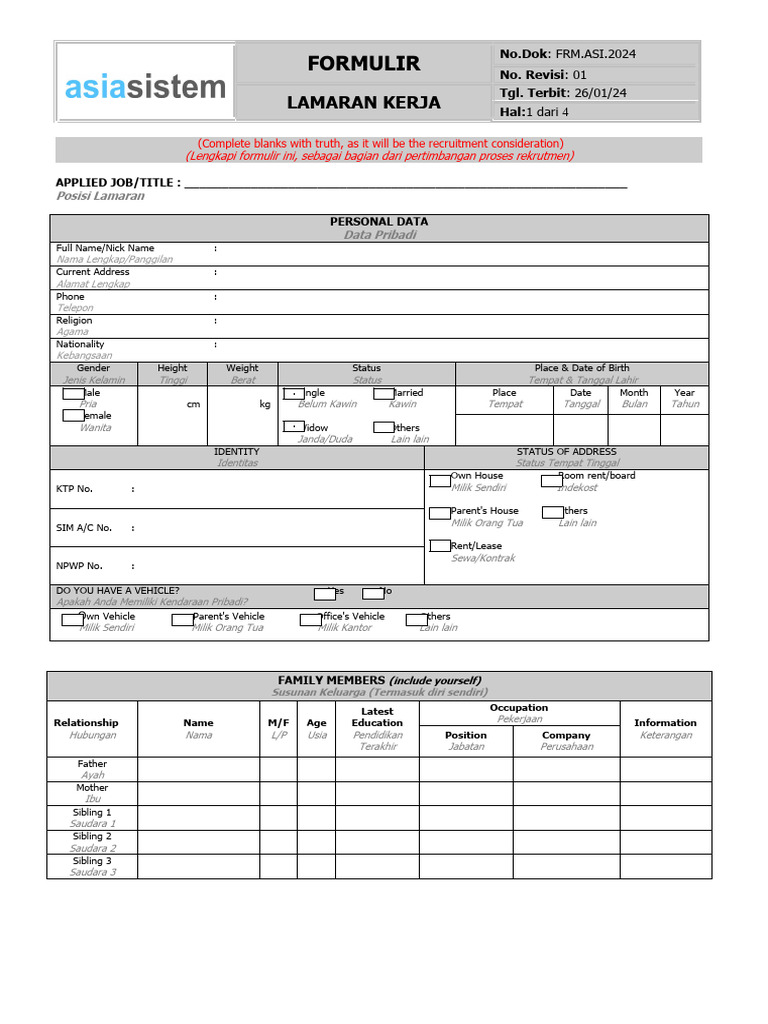 PT Asia Sistem Indonesia - Application Form | PDF