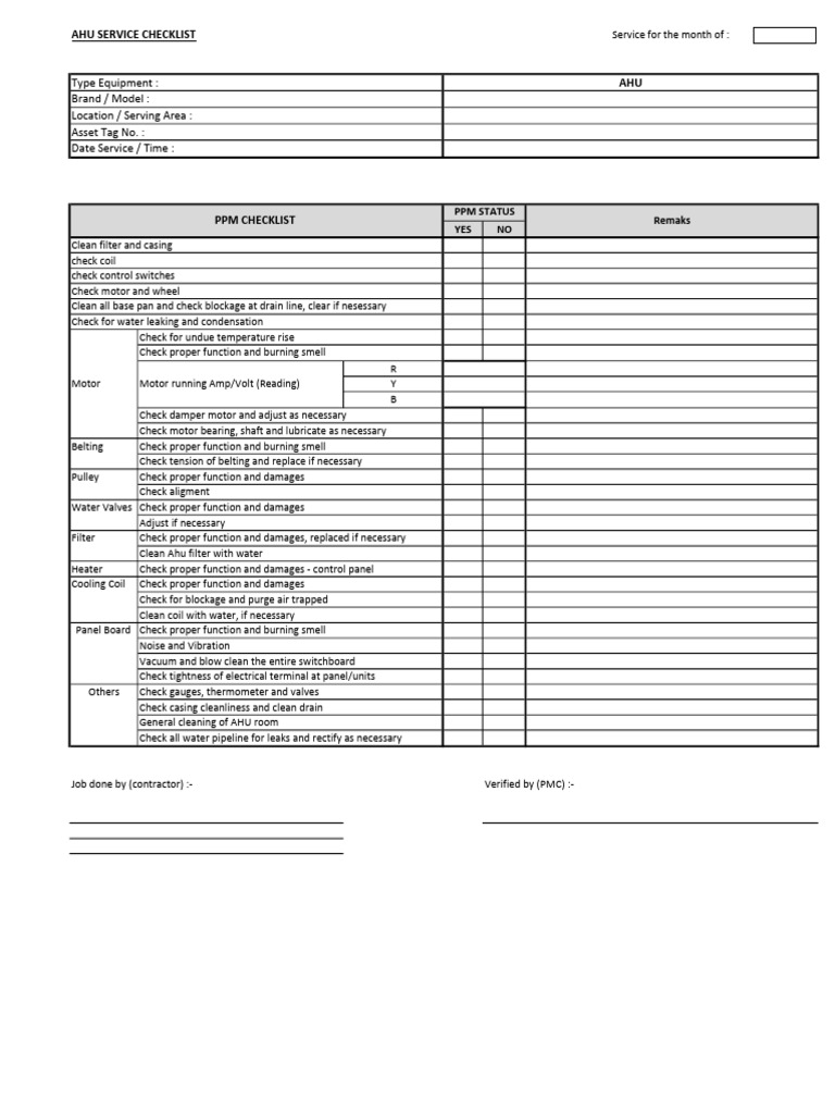 Ahu Service Checklist | PDF