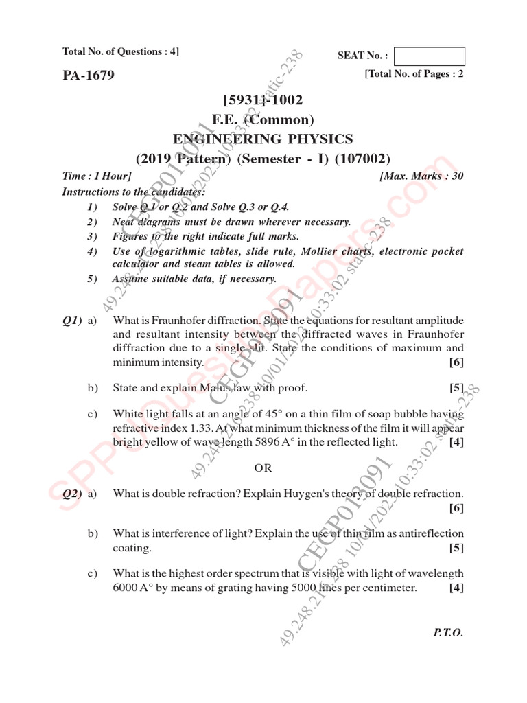 Engineering Physics: Diffraction & Optics | PDF | Optics | Optical Fiber