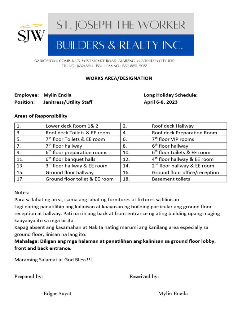 Work Designation Reminders | PDF | Building Engineering | Buildings And Structures