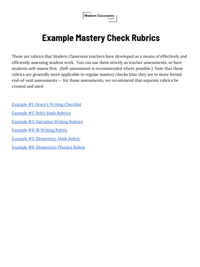 Mastery Check Rubric Examples | PDF | Rubric (Academic) | Teachers