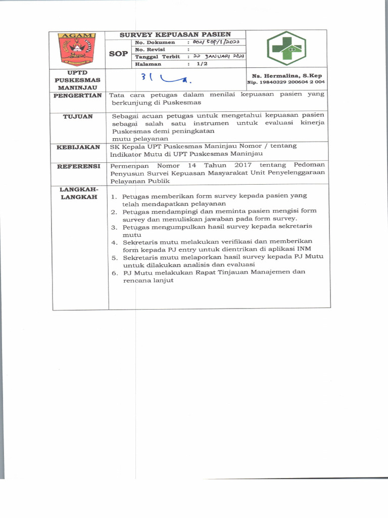 SOP Survey Kepuasan Pasien | PDF