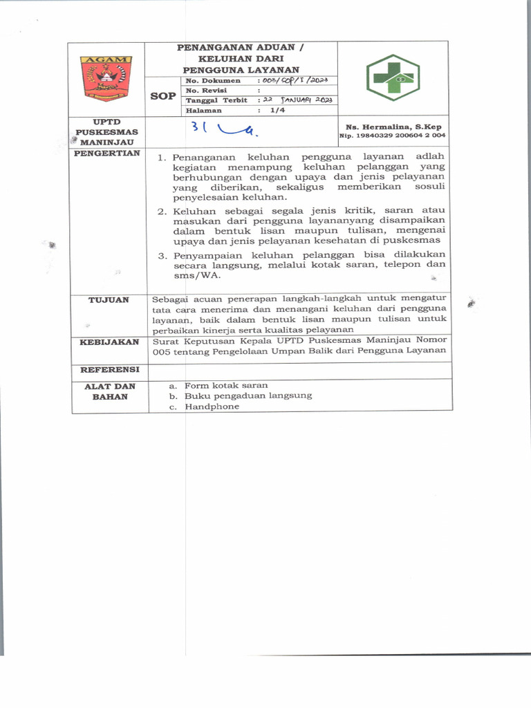 SOP Penanganan Aduan Keluhan Dari Pengguna Layanan | PDF