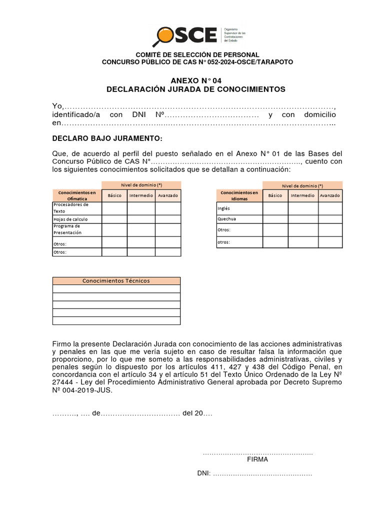 Anexo-n-04-declaracion-jurada-de-conocimientos-del-concurso-de-cas-n-052-2024-tarapoto | PDF