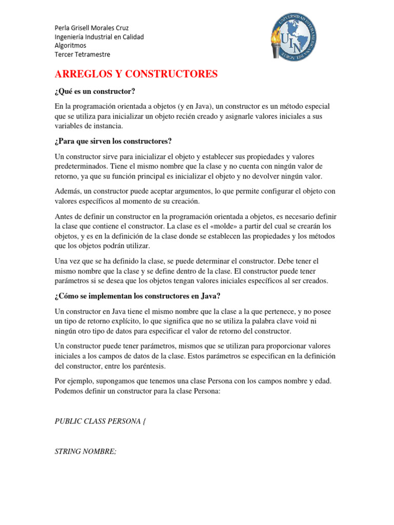 ARREGLOS Y CONSTRUCTORES | PDF | Programación | Constructor (Programación Orientada a Objetos)