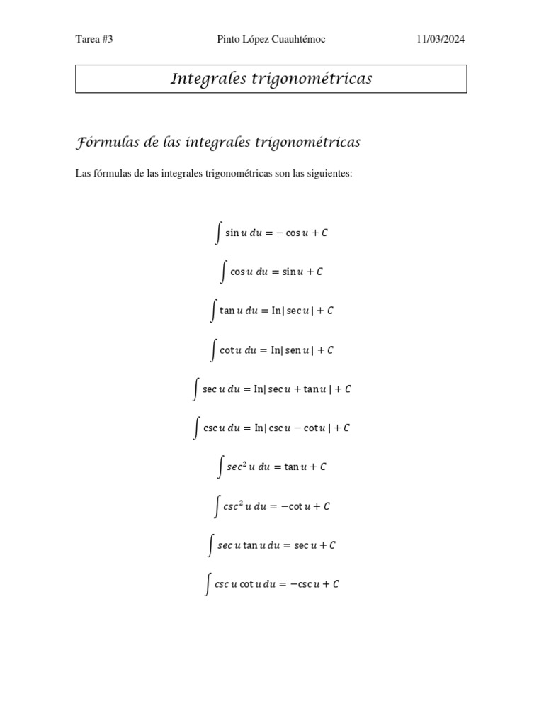 Fórmulas de Integrales Trigonométricas | PDF | Integral | Matemáticas ...
