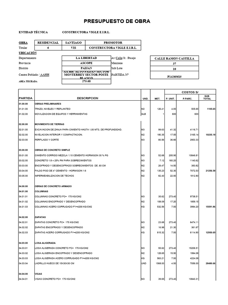 Presupuesto de Obra Resd Santiago 2024 | PDF | Hormigón | Presupuesto