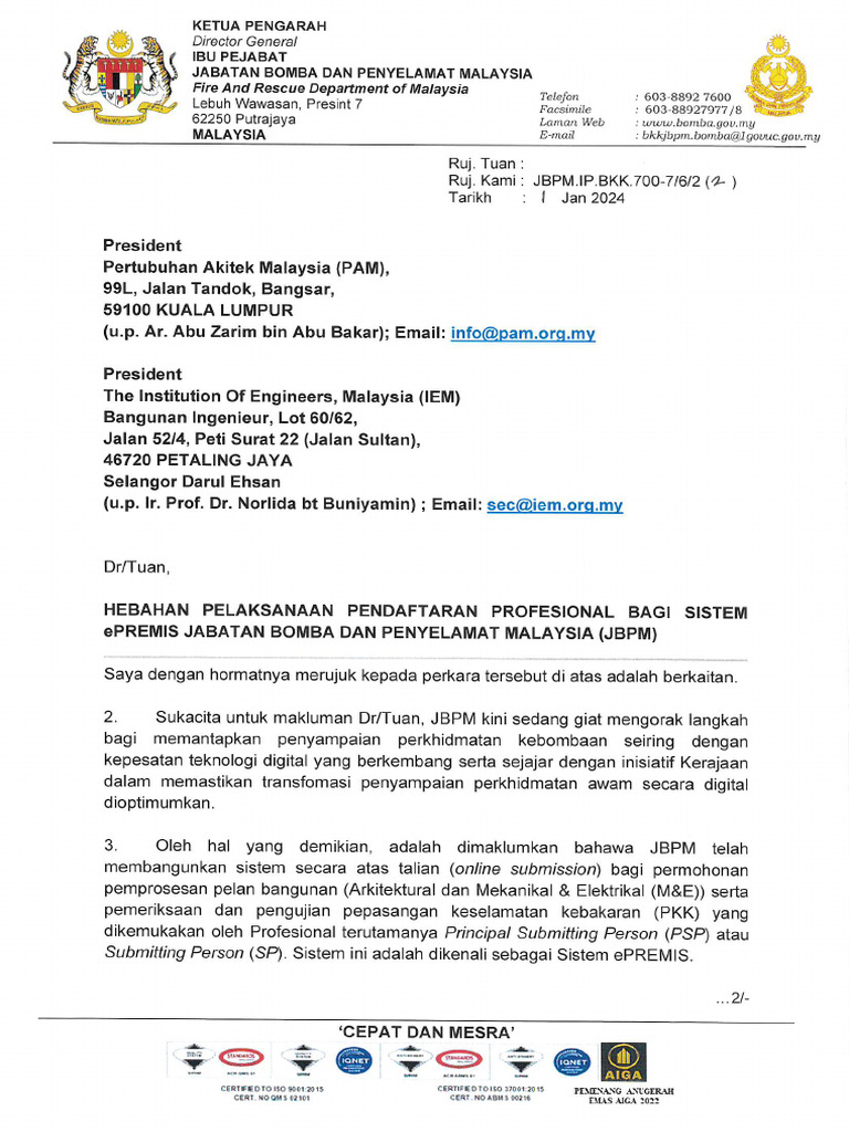 Surat Hebahan Pelaksanaan Pendaftaran PSP SP Sistem ePREMIS | PDF