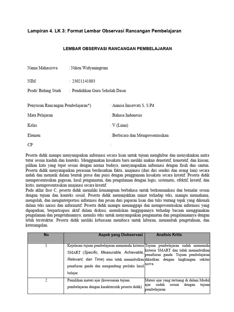 Lembar Observasi Rancangan Pembelajaran | PDF