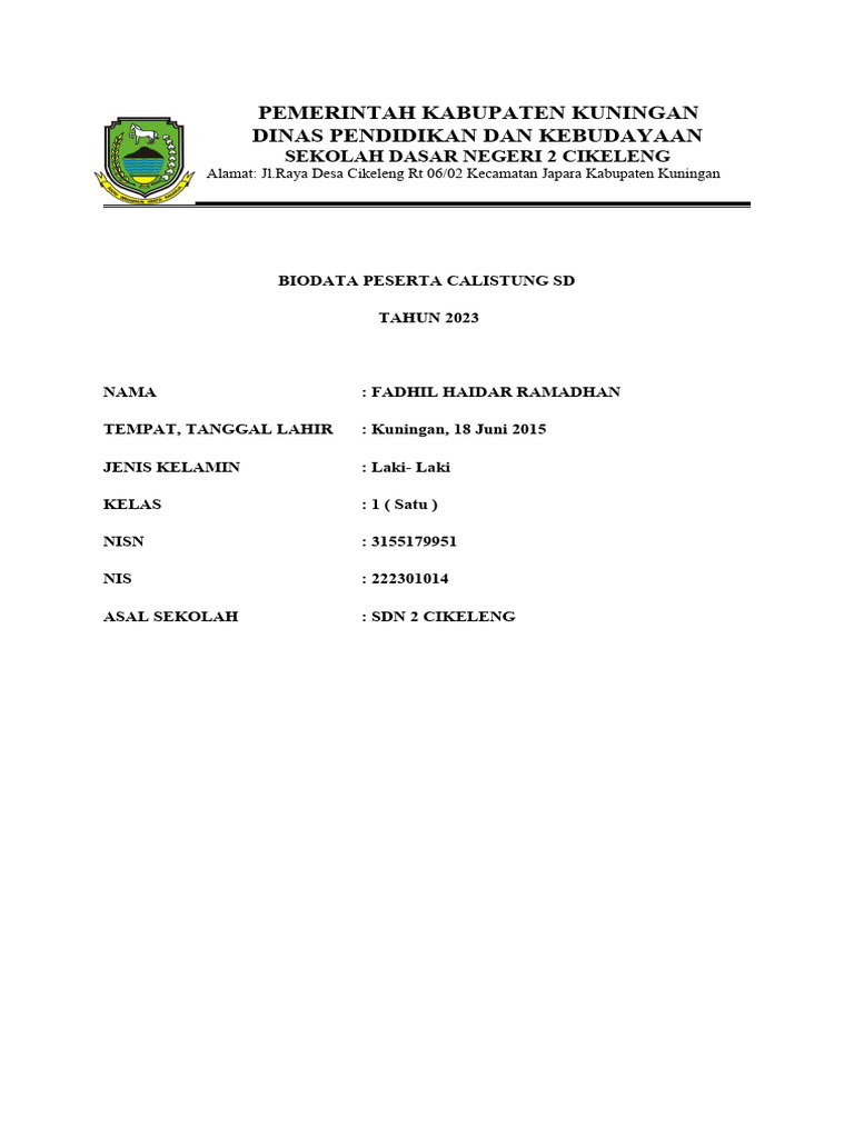 Biodata Calistung | PDF