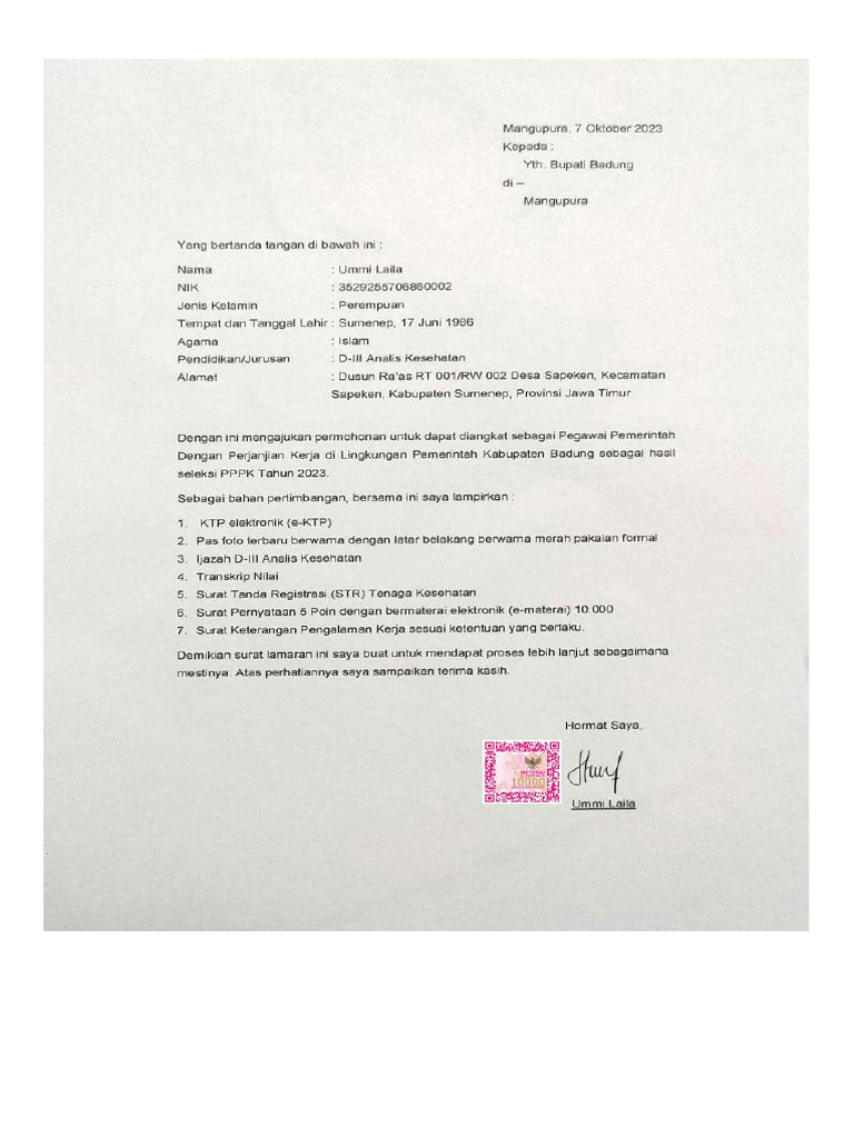Surat Lamaran Ummi E Materai | PDF