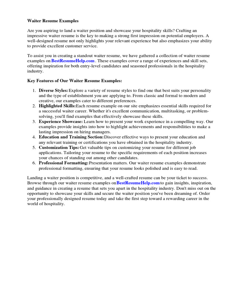 Waiter Resume Examples | PDF | Résumé | Waiting Staff