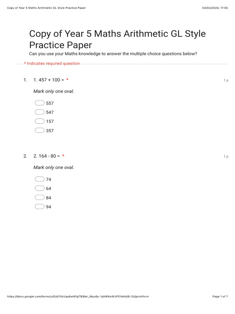 Copy of Year 5 Maths Arithmetic GL Style Practice Paper | PDF ...
