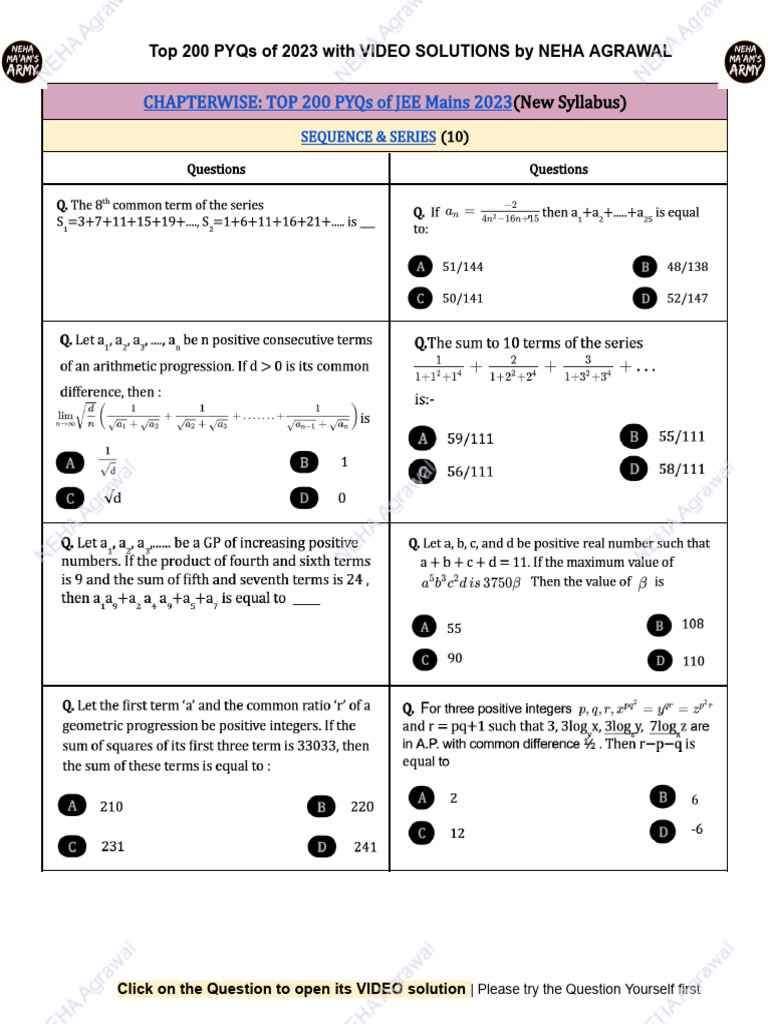 CHAPTERWISE - TOP 200 PYQs of JEE Mains 2023 - Removed | PDF | Derivative | Mathematical Concepts