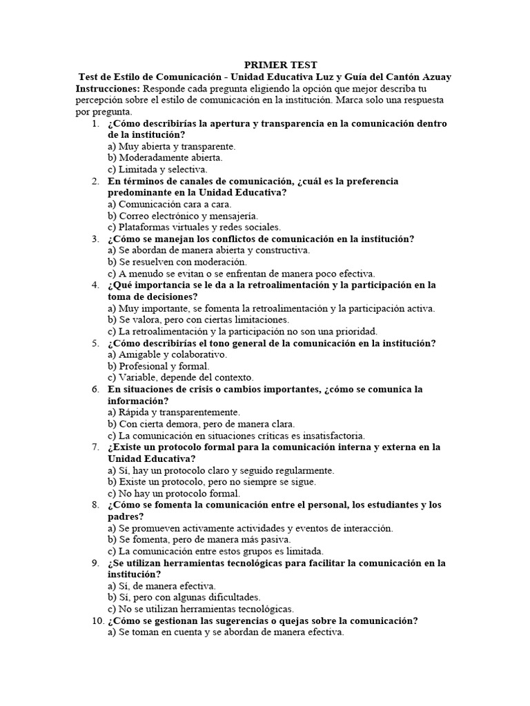 PRIMER TEST Imprimir | PDF | Liderazgo | Comunicación