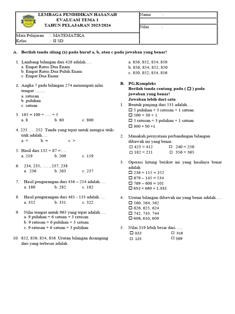 Soal Matematika Kelas 2 SD 2023 | PDF