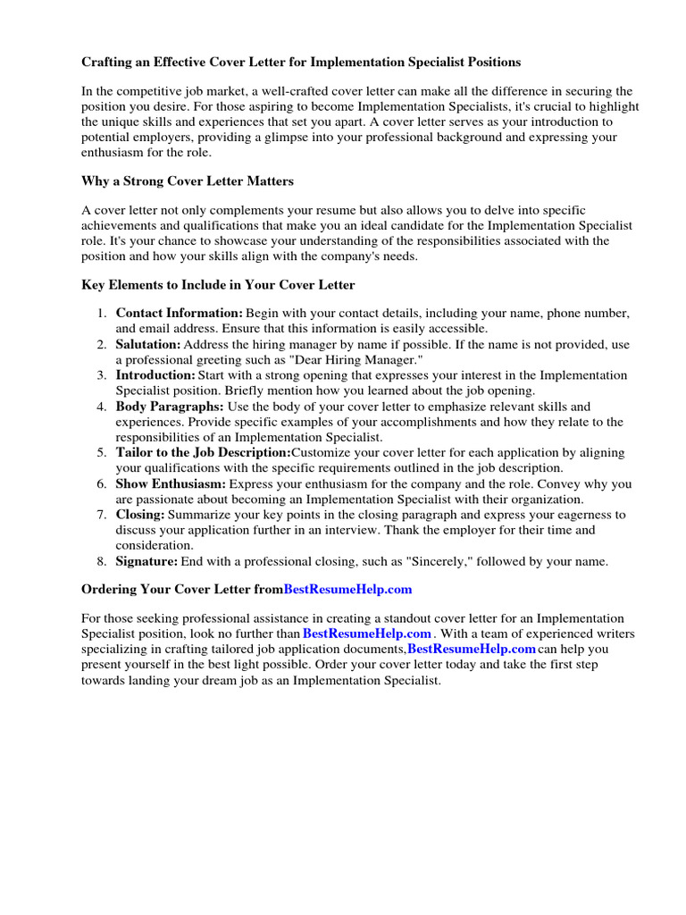 Cover Letter For Implementation Specialist | Download Free PDF ...