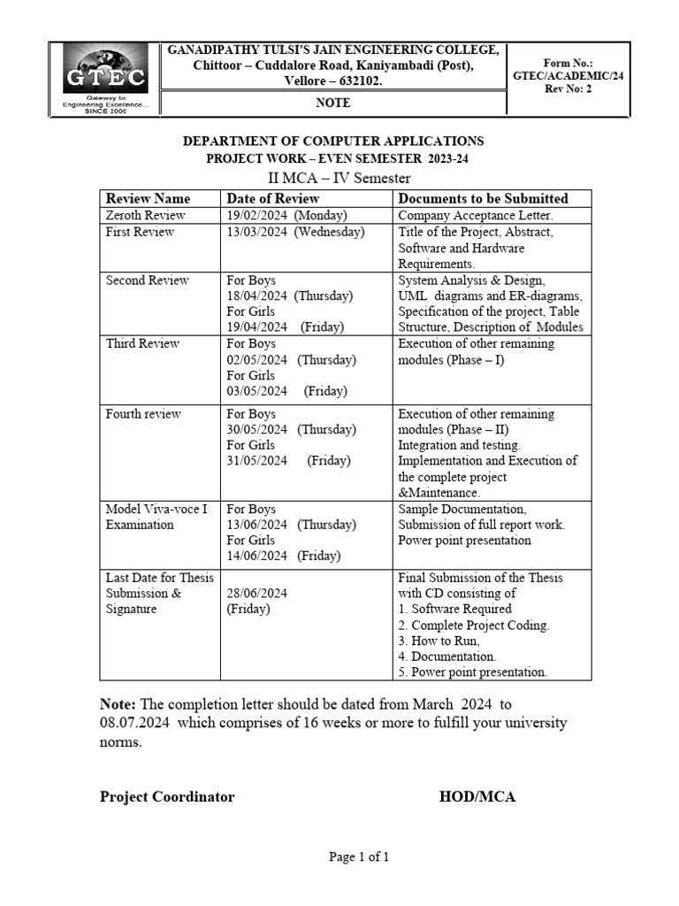 MCA Project Review Schedule 2023-24 | PDF | Thesis | Engineering