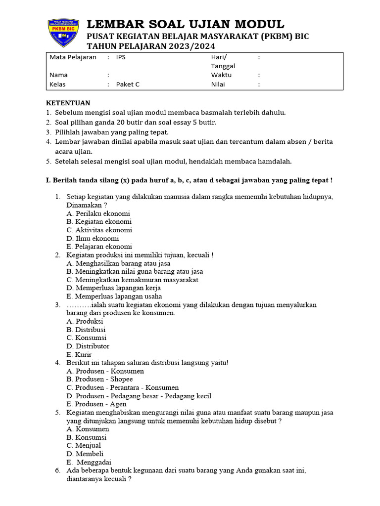 Soal Ujian Modul 2,3,4,5 Ekonomi C | PDF | Bisnis
