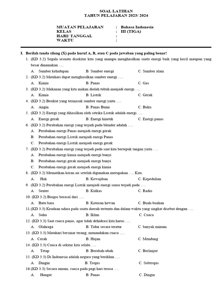 Latihan Soal PTS B.Indo Kls 3 Semester 2 2023 - 2024 | PDF