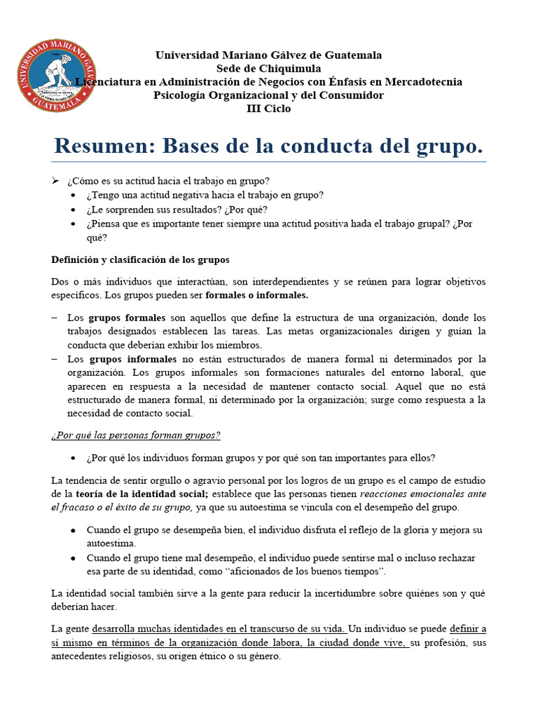 Resumen Bases de La Conducta Del Grupo. | PDF | Comportamiento | Conceptos psicologicos