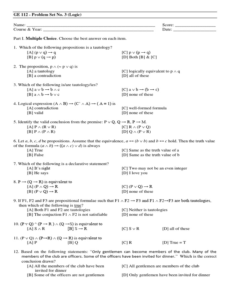 GE 112 Problem Set No. 3 Logic | PDF