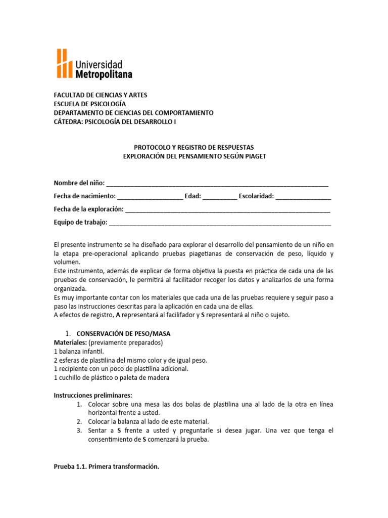 Protocolo Práctica de Piaget | PDF