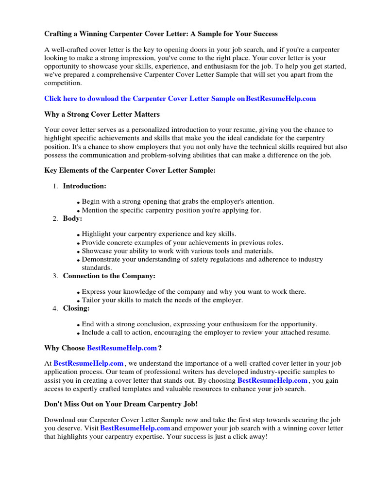 Carpenter Cover Letter Sample | PDF | Carpentry | Experience