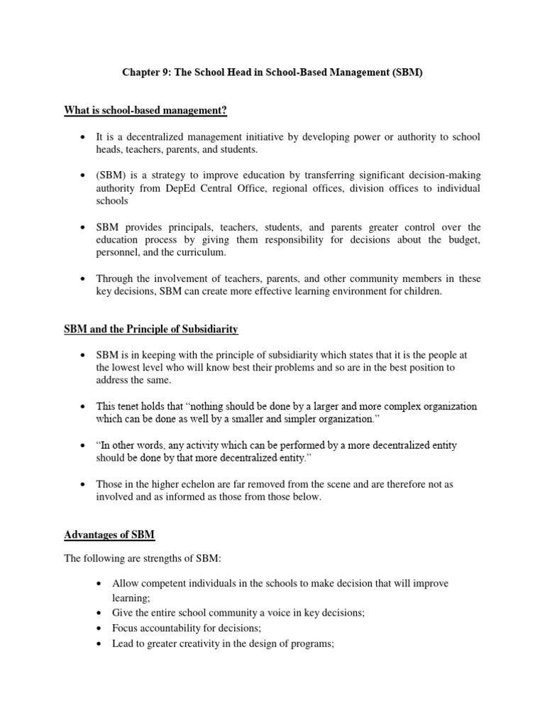 School Head's Role in SBM | PDF | Teachers | Schools