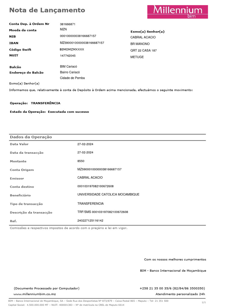Nota de Lançamento: Conta Dep. À Ordem NR Moeda Da Conta NIB Iban ...